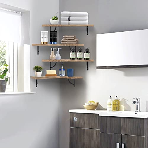 KOOHOAMZ Corner Floating Shelves Wall Mounted Set of 4,Corner Wall Shelf Rustic Wood Corner Floating Shelves for Bedroom, Living Room, Bathroom, Kitchen, Office -Floating Corner Storage Wood Shelves