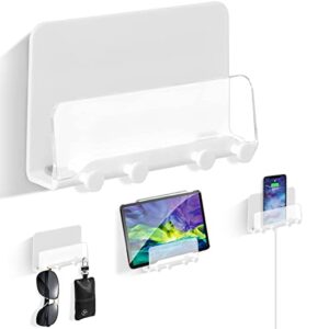 LIULANZ Clear Wall Mount Adhesive Phone Holder,Multi-Function Cell Phone Charging Brackets Holders,Hook for Living Room, Kitchen, Bathroom, Office,Compatible with Most Phones and Tablet