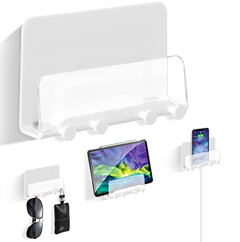 LIULANZ Clear Wall Mount Adhesive Phone Holder,Multi-Function Cell Phone Charging Brackets Holders,Hook for Living Room, Kitchen, Bathroom, Office,Compatible with Most Phones and Tablet