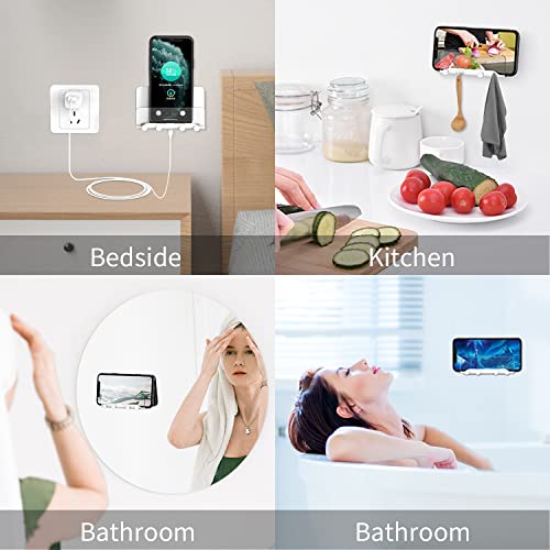 LIULANZ Clear Wall Mount Adhesive Phone Holder,Multi-Function Cell Phone Charging Brackets Holders,Hook for Living Room, Kitchen, Bathroom, Office,Compatible with Most Phones and Tablet