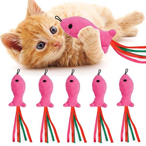 ZeyZoo 5Pcs Catnip Toy, Cat nip Pink Fish Interactive Cat Toy, Kitten Toys Catnip Filled Plush Toys, Feather Teaser Accessories for Cat Wand Toy, Kitten Teething Chew Toys for Cats