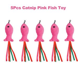 ZeyZoo 5Pcs Catnip Toy, Cat nip Pink Fish Interactive Cat Toy, Kitten Toys Catnip Filled Plush Toys, Feather Teaser Accessories for Cat Wand Toy, Kitten Teething Chew Toys for Cats