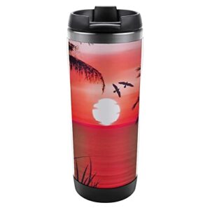 oyihfvs tropical palm tree bird sun stainless steel water bottle, leak-proof hot cold insulated travel mug, double walled with handle thermo cup bottle 13 oz