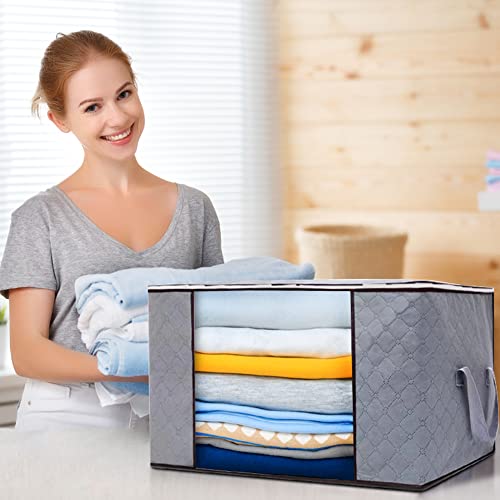 Joycefuuu 3 Pack Large Capacity Clothes Storage Bag Organizer,Foldable Clothing Storage Bins with Clear Window,Reinforced Handle Sturdy Zipper for Organizing Comforters,Blankets,Bedding,Toys, 90L,Grey