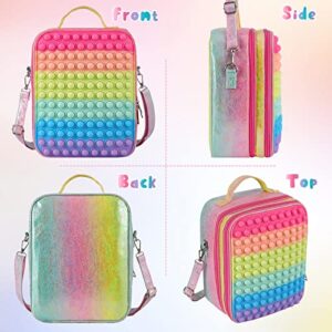 Pop Lunch Box for Girls Kids Insulated Lunch Bag, Rainbow Push Bubble Girls Lunch Box for School Supplies Office, Leakproof Cooler Lunch Tote Bag with Adjustable Strap, Birthday Back to School Gifts