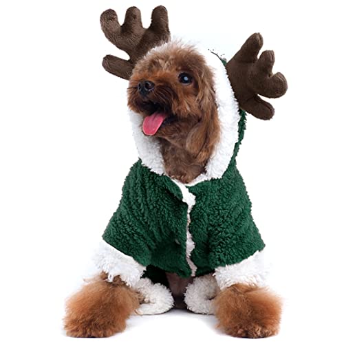 AOFITEE Dog Christmas Reindeer Costume Dog Onesie Soft Comfy Coral Velvet Pajamas, Pet Warm Winter Hoodies Jumpsuits for Holiday Party (Medium, Green)