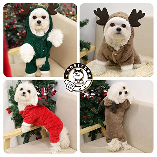 AOFITEE Dog Christmas Reindeer Costume Dog Onesie Soft Comfy Coral Velvet Pajamas, Pet Warm Winter Hoodies Jumpsuits for Holiday Party (Medium, Green)