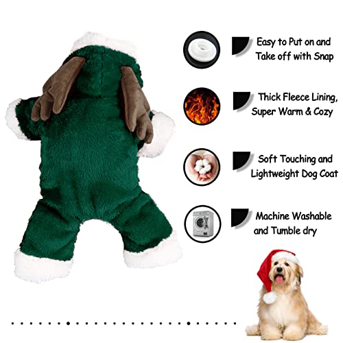 AOFITEE Dog Christmas Reindeer Costume Dog Onesie Soft Comfy Coral Velvet Pajamas, Pet Warm Winter Hoodies Jumpsuits for Holiday Party (Medium, Green)