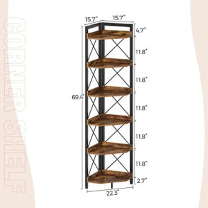 Rolanstar Corner Shelf, 6 Tier Book Shelf Display Shelves, Corner Ladder Shelf Plant Stand for Living Room, Kitchen, Balcony, Small Space, Rustic Brown