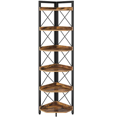 Rolanstar Corner Shelf, 6 Tier Book Shelf Display Shelves, Corner Ladder Shelf Plant Stand for Living Room, Kitchen, Balcony, Small Space, Rustic Brown