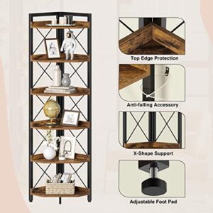 Rolanstar Corner Shelf, 6 Tier Book Shelf Display Shelves, Corner Ladder Shelf Plant Stand for Living Room, Kitchen, Balcony, Small Space, Rustic Brown