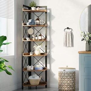 Rolanstar Corner Shelf, 6 Tier Book Shelf Display Shelves, Corner Ladder Shelf Plant Stand for Living Room, Kitchen, Balcony, Small Space, Rustic Brown