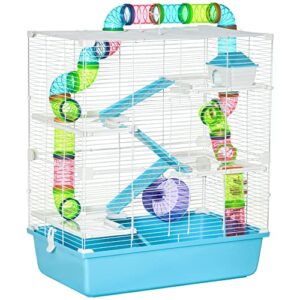 pawhut extra large 23" hamster cage with tubes and tunnels, portable carry handles, rat house and habitats big 5-tier design, includes exercise wheel, water bottle, food dish, light blue