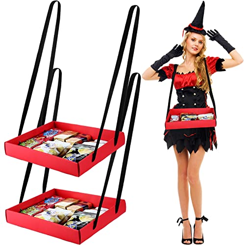 2 Pcs Wearable Party Tray Snack and Beverage Carrier Foldable Drink Carriers Drink Holder Movie Snack Trays with Strap Halloween Costume Accessory Prop with 4 Ribbons, 2 x 11 x 13 Inches (Red)