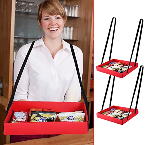 2 Pcs Wearable Party Tray Snack and Beverage Carrier Foldable Drink Carriers Drink Holder Movie Snack Trays with Strap Halloween Costume Accessory Prop with 4 Ribbons, 2 x 11 x 13 Inches (Red)