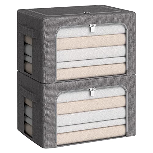 Clothes Storage Bins Box - Linen Fabric Foldable Stackable Container Organizer Set with Clear Window & Carry Handles & Metal Frame - 2Pack Large Capacity for Bedding, Blankets, Toys, Books (Dark Gray, Medium-36L)