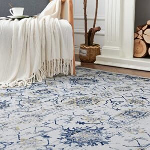 JINCHAN Area Rug 3x5 Persian Washable Rug Indoor Entryway Rug Navy Blue Floral Print Rug Boho Farmhouse Foldable Thin Rug Kitchen Floor Cover Non Slip Soft Bath Mat for Bedroom Living Room Dining Room