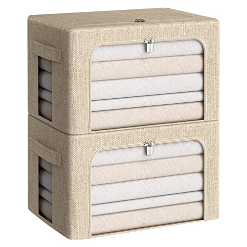 Clothes Storage Bins Box - Linen Fabric Foldable Stackable Container Organizer Set with Clear Window & Carry Handles & Metal Frame - 2Pack Large Capacity for Bedding, Blankets, Toys, Books (Beige, Medium-36L)