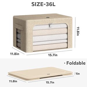 Clothes Storage Bins Box - Linen Fabric Foldable Stackable Container Organizer Set with Clear Window & Carry Handles & Metal Frame - 2Pack Large Capacity for Bedding, Blankets, Toys, Books (Beige, Medium-36L)