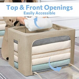 Clothes Storage Bins Box - Linen Fabric Foldable Stackable Container Organizer Set with Clear Window & Carry Handles & Metal Frame - 2Pack Large Capacity for Bedding, Blankets, Toys, Books (Beige, Medium-36L)