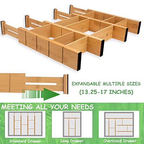 KOOHOAMZ Adjustable Bamboo Drawer Dividers With Inserts, Kitchen Drawer Dividers Organizer Expandable From 13.25"-17", Stackable Deep Drawer Separators For Kitchen Utensils, Dresser, Bedroom, Clothes