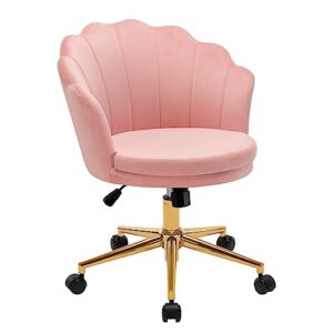 furniliving velvet home office task chair with wheels, modern upholstered makeup adjustable swivel chair seashell back vanity desk chair with metal legs for living room bedroom (pink)