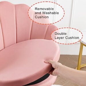 Furniliving Velvet Home Office Task Chair with Wheels, Modern Upholstered Makeup Adjustable Swivel Chair Seashell Back Vanity Desk Chair with Metal Legs for Living Room Bedroom (Pink)