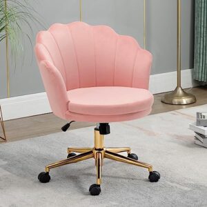 Furniliving Velvet Home Office Task Chair with Wheels, Modern Upholstered Makeup Adjustable Swivel Chair Seashell Back Vanity Desk Chair with Metal Legs for Living Room Bedroom (Pink)