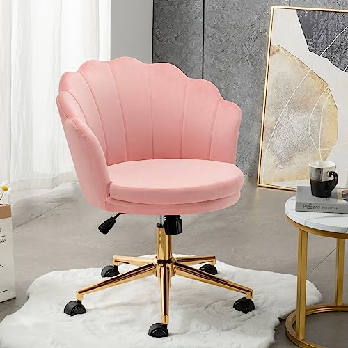 Furniliving Velvet Home Office Task Chair with Wheels, Modern Upholstered Makeup Adjustable Swivel Chair Seashell Back Vanity Desk Chair with Metal Legs for Living Room Bedroom (Pink)