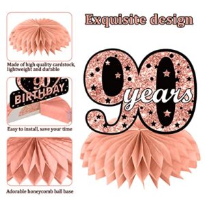 Rose Gold 90th Birthday Decorations Table Honeycomb Centerpieces for Women, 8pcs Happy 90 Birthday Table Toppers Sign Party Supplies, Ninety Years Old Birthday Party Table Decor