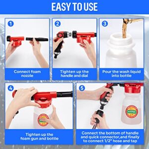 Car Wash Foam Gun, 16 IN 1 Foam Cannon, Adjustable Hose Wash Sprayer with 2.5-6 Ratio Dial Foam Blaster, 1L Bottle, Nozzles, Wash Mitten, 1/2” Quick Connector for Garden Hose, for Car/Garden Cleaning