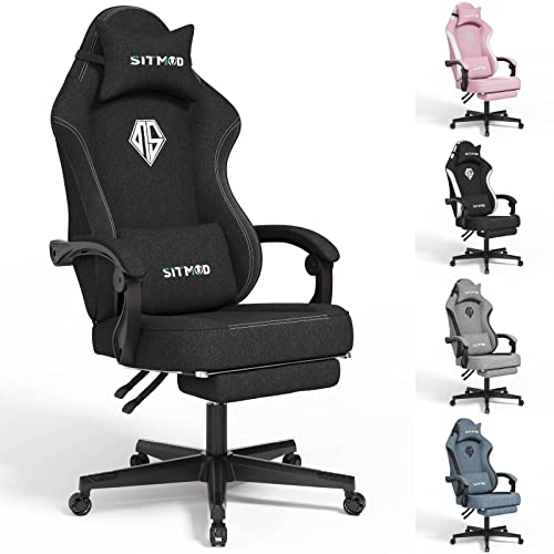 SITMOD Gaming Chair with Footrest-PC Computer Ergonomic Video Game Chair-Backrest and Seat Height Adjustable Swivel Task Chair for Adults with Headrest and Lumbar Support(Black)-Fabric