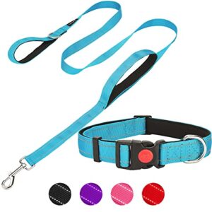 tpotato reflective dog collar and leash set,adjustable neoprene padded nylon collars, 6 ft heavy duty dog leash 2 comfortable handles safety locking buckle for puppy small medium extra large breed dog