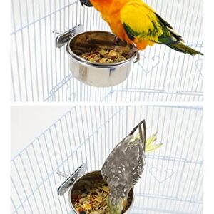 Lucky Interests 4 pcs Bird Feeding Dish Cups, Parrot Stainless Steel Food Bowl Bird Cage Water Feeder with Clamp Holder for Parrots Cockatiel Budgies Lovebird Parakeet Feeding Cups with 4 Bird Spoon