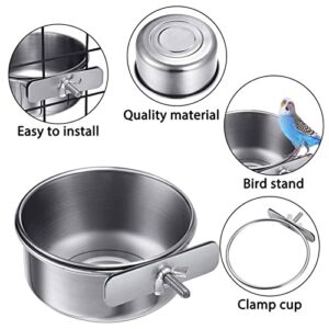 Lucky Interests 4 pcs Bird Feeding Dish Cups, Parrot Stainless Steel Food Bowl Bird Cage Water Feeder with Clamp Holder for Parrots Cockatiel Budgies Lovebird Parakeet Feeding Cups with 4 Bird Spoon