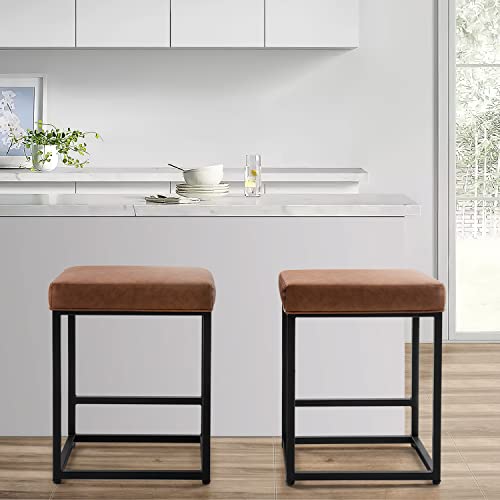 Kemon 24 Inch Bar Stools Set of 2 Modern PU Leather Metal Barstool Backless Kitchen Dining Cafe Stool Counter Height Upholstered Bar Stool with Footrest，Brown