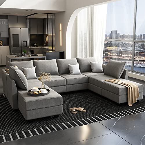 HONBAY Oversized Sectional Sofa with Chaise Modern Sleeper Modular Sofa Couch U Shaped Sofa Sectional for Living Room, Grey