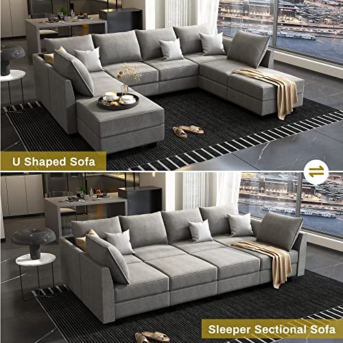 HONBAY Oversized Sectional Sofa with Chaise Modern Sleeper Modular Sofa Couch U Shaped Sofa Sectional for Living Room, Grey