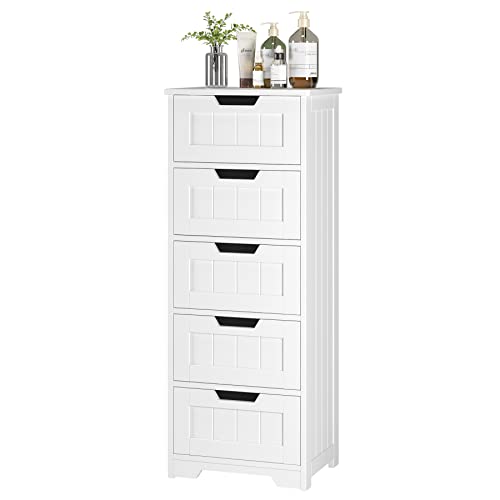 TTVIEW Bathroom Floor Cabinet with 5 Drawer Dresser, with Avoid-Tipping Device, White, Freestanding Side Tall Storage Cabinet Narrow Drawers for Small Spaces