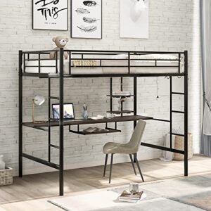 glorhome full size metal high loft bed with under-bed long desk & storage shelves ladder safety guard rails, space saving bedroom furniture for kids teens adults, black