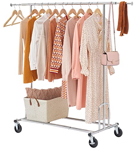 Tajsoon Heavy Duty Clothes Rack,Foldable Garment Rack,Freestanding Commercial Clothing Rack,Adjustable Rolling Clothes Organizer With Wheels And Bottom Storage Display Shelf,Metal,Stackable,Chrome…