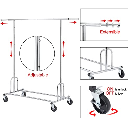 Tajsoon Heavy Duty Clothes Rack,Foldable Garment Rack,Freestanding Commercial Clothing Rack,Adjustable Rolling Clothes Organizer With Wheels And Bottom Storage Display Shelf,Metal,Stackable,Chrome…