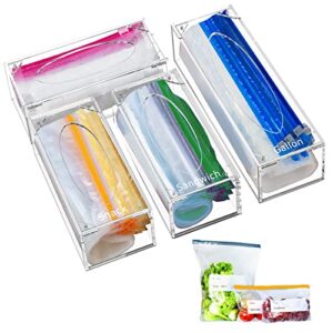 ziplock bag organizer for drawer, baggie organizer for kitchen plastic bag storage, sandwich freezer snack organizer box for ziploc hefty quart slider bags, 4 separate clear acrylic containers