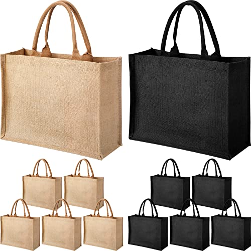 12 Pack Burlap Tote Bag Large Jute Tote Bags with Handles Blank Burlap Reusable Grocery Bags Water Resistant for Bridesmaid Gift Travel Shopping DIY Crafts Bags,jute Black, 15.4x12.2x5.9 Inches