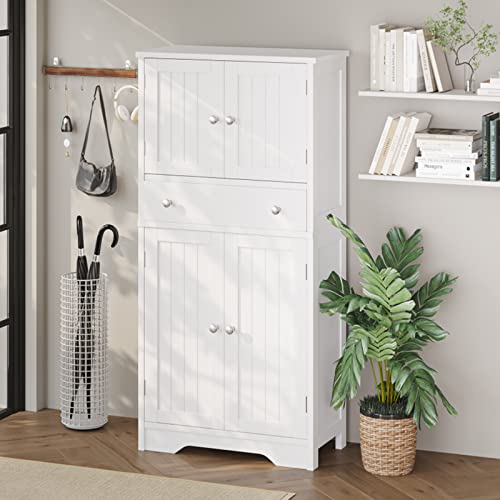 Rovaurx Tall Storage Cabinet with Adjustable Shelf, Bathroom Floor Storage Cabinet with Drawer, Traditional 4 Door Kitchen Pantry, White BMGZ106W