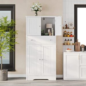 Rovaurx Tall Storage Cabinet with Adjustable Shelf, Bathroom Floor Storage Cabinet with Drawer, Traditional 4 Door Kitchen Pantry, White BMGZ106W