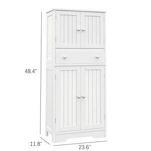 Rovaurx Tall Storage Cabinet with Adjustable Shelf, Bathroom Floor Storage Cabinet with Drawer, Traditional 4 Door Kitchen Pantry, White BMGZ106W