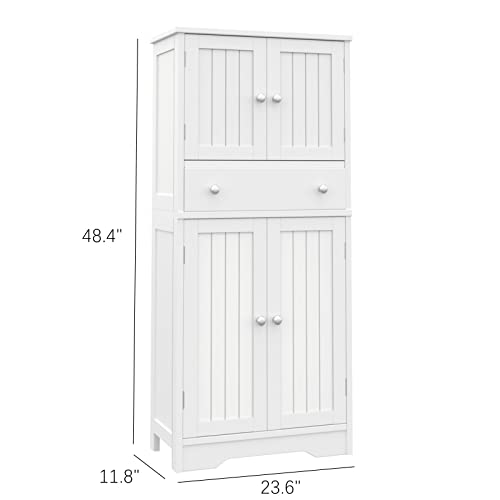 Rovaurx Tall Storage Cabinet with Adjustable Shelf, Bathroom Floor Storage Cabinet with Drawer, Traditional 4 Door Kitchen Pantry, White BMGZ106W