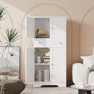 Rovaurx Tall Storage Cabinet with Adjustable Shelf, Bathroom Floor Storage Cabinet with Drawer, Traditional 4 Door Kitchen Pantry, White BMGZ106W