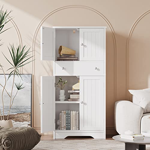 Rovaurx Tall Storage Cabinet with Adjustable Shelf, Bathroom Floor Storage Cabinet with Drawer, Traditional 4 Door Kitchen Pantry, White BMGZ106W